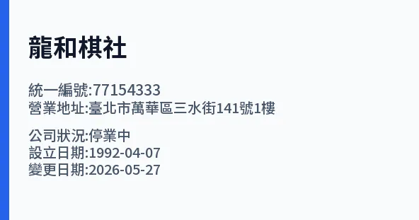 龍和棋社的照片-統編 77154333(臺北市) 公司登記資料與營業項目詳細圖表