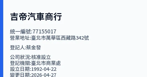 吉帝汽車商行的照片-統編 77155017(臺北市) 公司登記資料與營業項目詳細圖表
