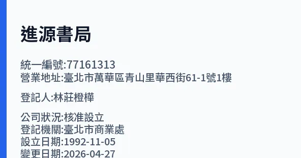 進源書局的照片-統編 77161313(臺北市) 公司登記資料與營業項目詳細圖表