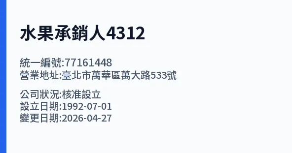 水果承銷人4312的照片-統編 77161448(臺北市) 公司登記資料與營業項目詳細圖表