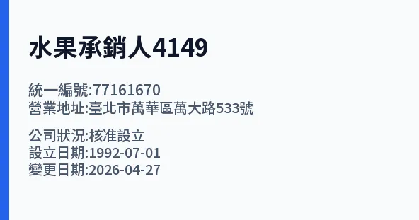 水果承銷人4149的照片-統編 77161670(臺北市) 公司登記資料與營業項目詳細圖表