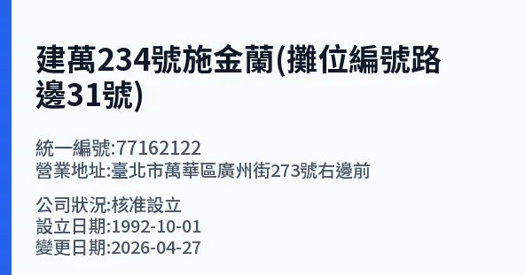 建萬234號施金蘭(攤位編號路邊31號)的照片-統編 77162122(臺北市) 公司登記資料與營業項目詳細圖表