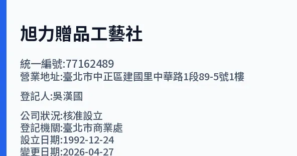 旭力贈品工藝社的照片-統編 77162489(臺北市) 公司登記資料與營業項目詳細圖表