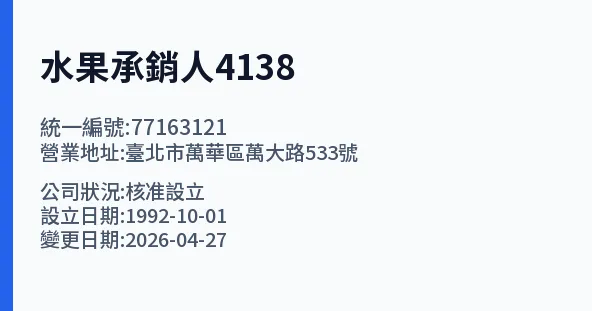 水果承銷人4138的照片-統編 77163121(臺北市) 公司登記資料與營業項目詳細圖表