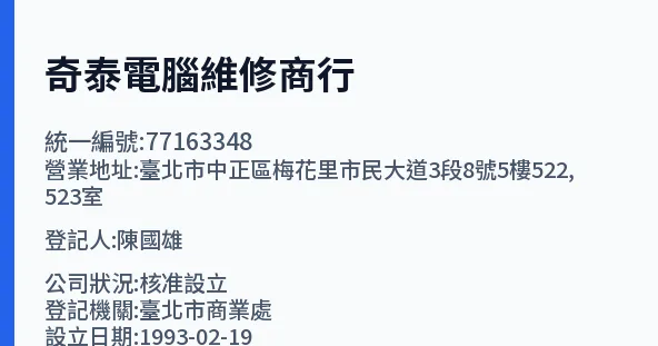 奇泰電腦維修商行的照片-統編 77163348(臺北市) 公司登記資料與營業項目詳細圖表