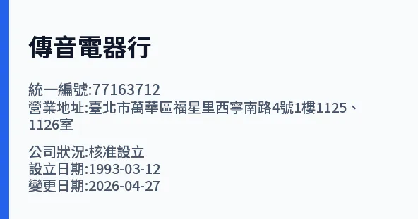 傳音電器行的照片-統編 77163712(臺北市) 公司登記資料與營業項目詳細圖表