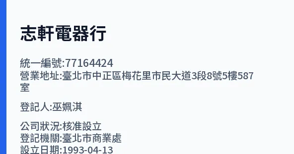 志軒電器行的照片-統編 77164424(臺北市) 公司登記資料與營業項目詳細圖表