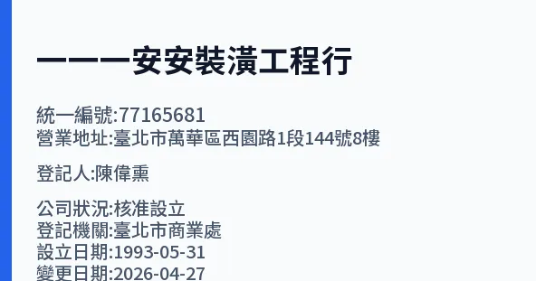 一一一安安裝潢工程行的照片-統編 77165681(臺北市) 公司登記資料與營業項目詳細圖表