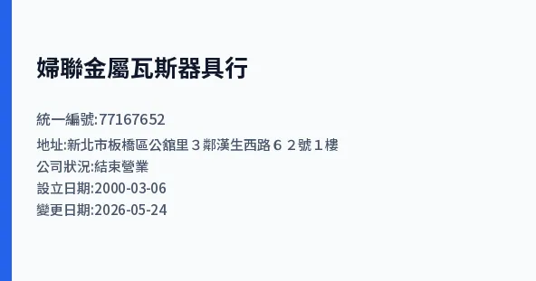 婦聯金屬瓦斯器具行的照片-統編 77167652(新北市) 公司登記資料與營業項目詳細圖表