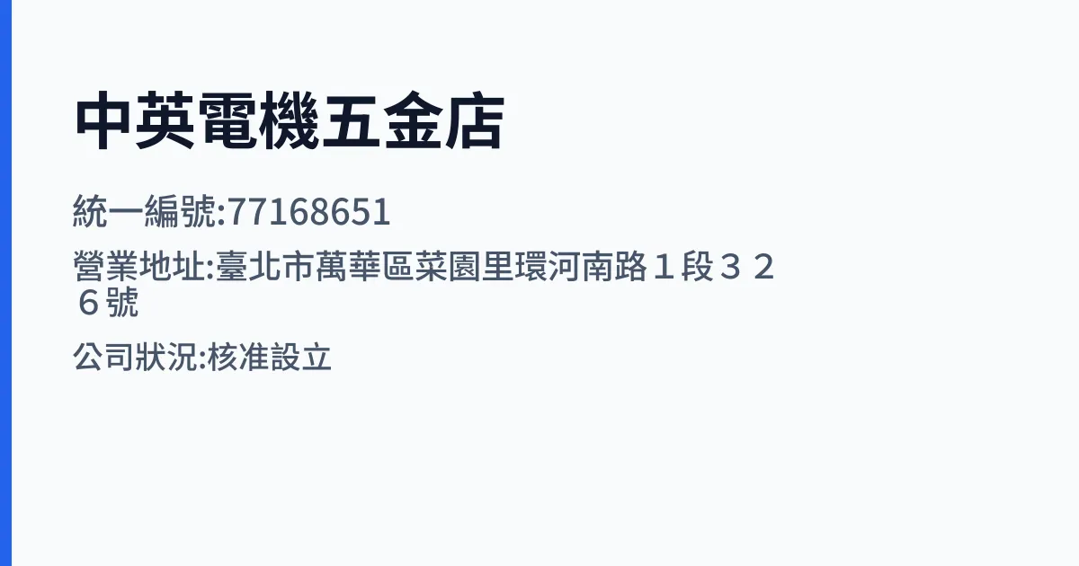 中英電機五金店 - 統編 77168651(臺北市) 公司登記資料與營業項目詳細圖表
