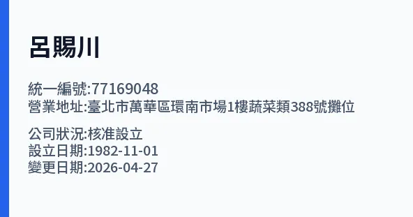 呂賜川的照片-統編 77169048(臺北市) 公司登記資料與營業項目詳細圖表