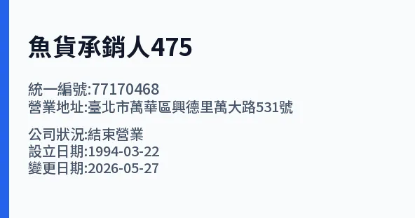 魚貨承銷人475的照片-統編 77170468(臺北市) 公司登記資料與營業項目詳細圖表