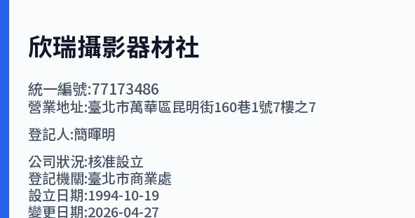 欣瑞攝影器材社的照片-統編 77173486(臺北市) 公司登記資料與營業項目詳細圖表