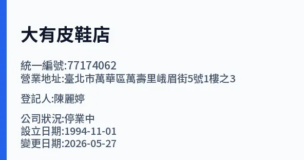大有皮鞋店的照片-統編 77174062(臺北市) 公司登記資料與營業項目詳細圖表