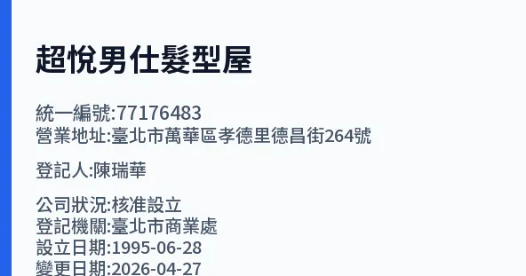 超悅男仕髮型屋的照片-統編 77176483(臺北市) 公司登記資料與營業項目詳細圖表