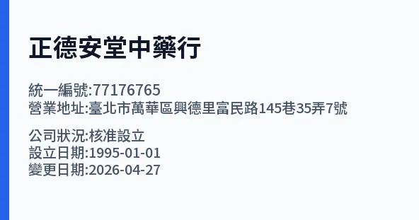 正德安堂中藥行的照片-統編 77176765(臺北市) 公司登記資料與營業項目詳細圖表
