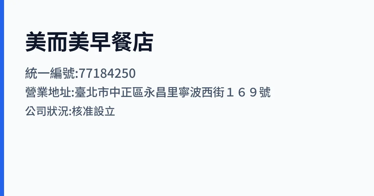 美而美早餐店 - 統編 77184250(臺北市) 公司登記資料與營業項目詳細圖表