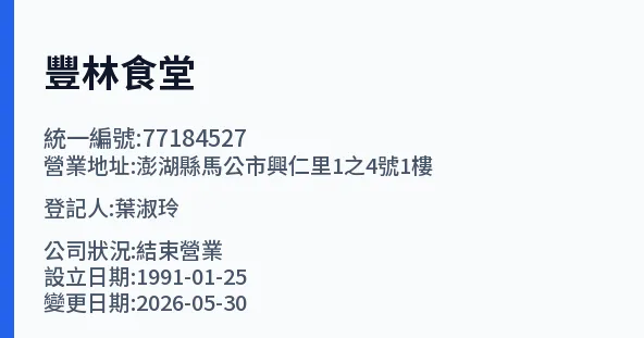豐林食堂的照片-統編 77184527(澎湖縣) 公司登記資料與營業項目詳細圖表