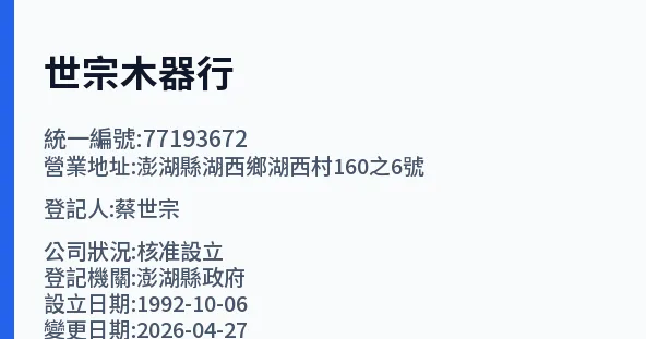 世宗木器行的照片-統編 77193672(澎湖縣) 公司登記資料與營業項目詳細圖表