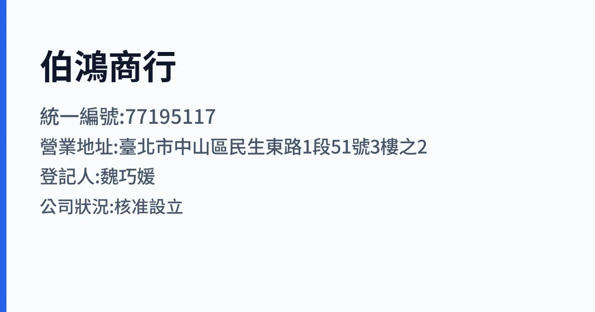 伯鴻商行 - 統編 77195117(臺北市) 公司登記資料與營業項目詳細圖表