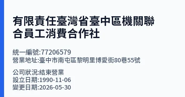 有限責任臺灣省臺中區機關聯合員工消費合作社的照片-統編 77206579(臺中市) 公司登記資料與營業項目詳細圖表
