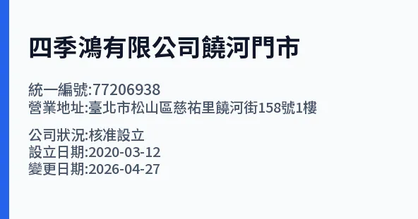 四季鴻有限公司饒河門市的照片-統編 77206938(臺北市) 公司登記資料與營業項目詳細圖表