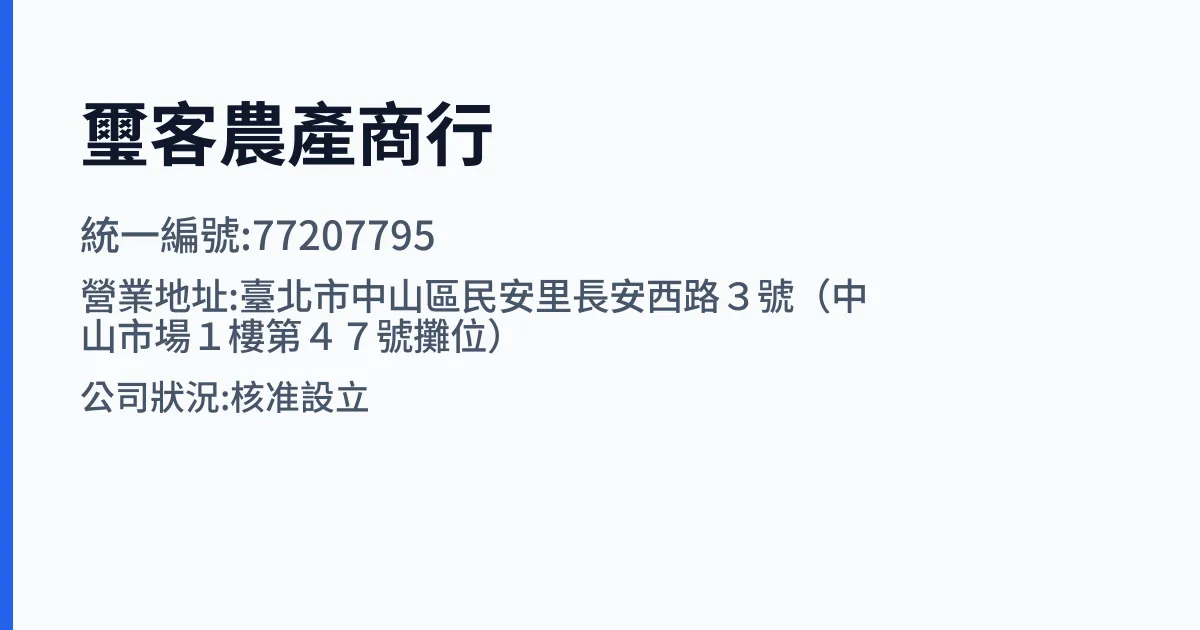 璽客農產商行 - 統編 77207795(臺北市) 公司登記資料與營業項目詳細圖表