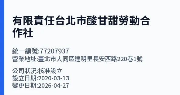 有限責任台北市酸甘甜勞動合作社的照片-統編 77207937(臺北市) 公司登記資料與營業項目詳細圖表