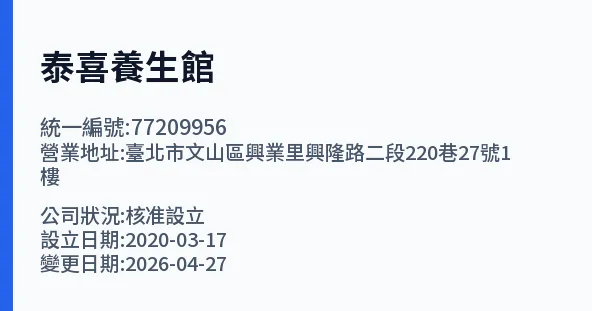 泰喜養生館的照片-統編 77209956(臺北市) 公司登記資料與營業項目詳細圖表