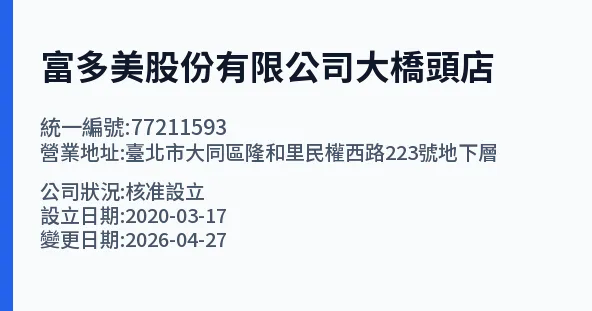 富多美股份有限公司大橋頭店的照片-統編 77211593(臺北市) 公司登記資料與營業項目詳細圖表