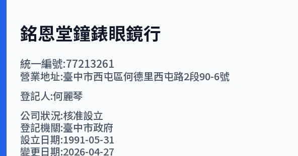 銘恩堂鐘錶眼鏡行的照片-統編 77213261(臺中市) 公司登記資料與營業項目詳細圖表