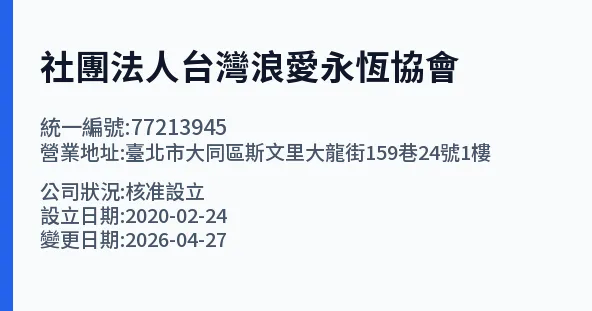社團法人台灣浪愛永恆協會的照片-統編 77213945(臺北市) 公司登記資料與營業項目詳細圖表