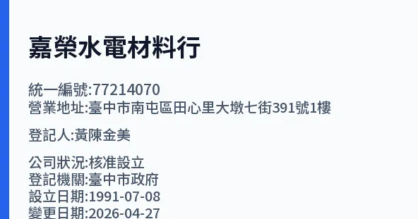 嘉榮水電材料行的照片-統編 77214070(臺中市) 公司登記資料與營業項目詳細圖表