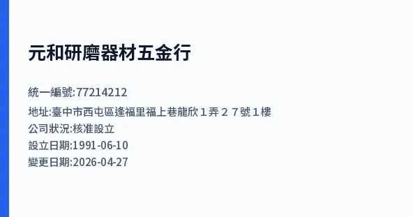 元和研磨器材五金行的照片-統編 77214212(臺中市) 公司登記資料與營業項目詳細圖表
