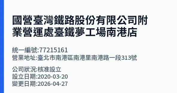 國營臺灣鐵路股份有限公司附業營運處臺鐵夢工場南港店的照片-統編 77215161(臺北市) 公司登記資料與營業項目詳細圖表