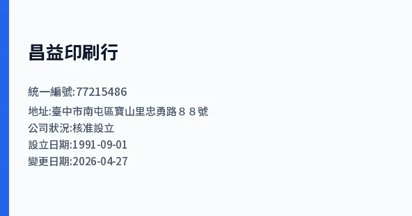 昌益印刷行的照片-統編 77215486(臺中市) 公司登記資料與營業項目詳細圖表