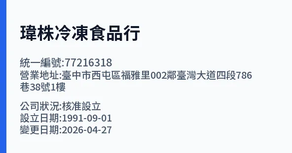 瑋株冷凍食品行的照片-統編 77216318(臺中市) 公司登記資料與營業項目詳細圖表