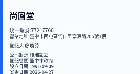 尚圓堂的照片-統編 77217766(臺中市) 公司登記資料與營業項目詳細圖表
