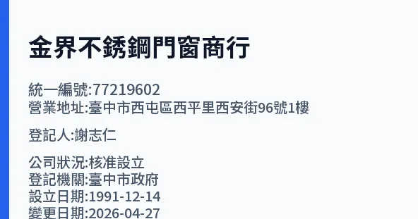 金界不銹鋼門窗商行的照片-統編 77219602(臺中市) 公司登記資料與營業項目詳細圖表