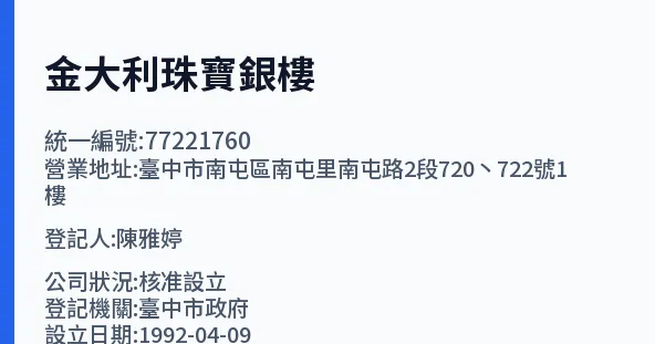 金大利珠寶銀樓的照片-統編 77221760(臺中市) 公司登記資料與營業項目詳細圖表