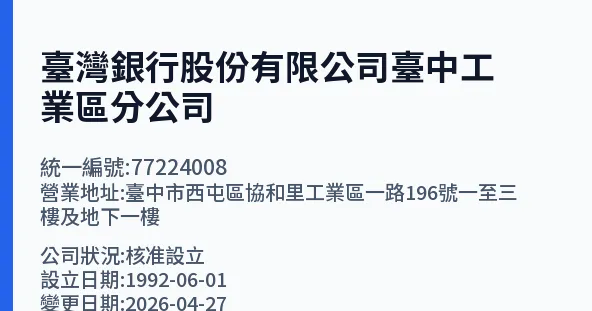 臺灣銀行股份有限公司臺中工業區分公司的照片-統編 77224008(臺中市) 公司登記資料與營業項目詳細圖表