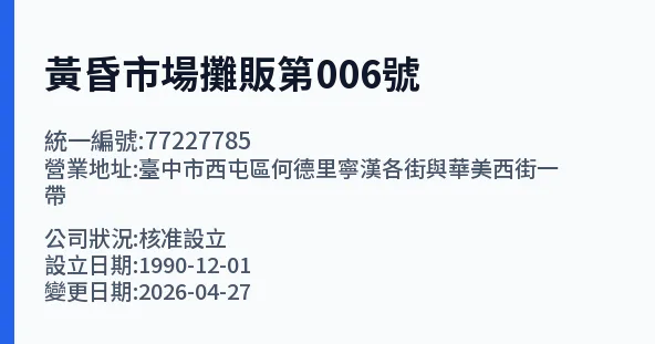 黃昏市場攤販第006號的照片-統編 77227785(臺中市) 公司登記資料與營業項目詳細圖表