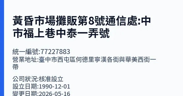黃昏市場攤販第8號通信處:中市福上巷中泰一弄號的照片-統編 77227883(臺中市) 公司登記資料與營業項目詳細圖表