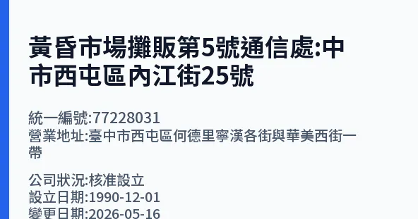 黃昏市場攤販第5號通信處:中市西屯區內江街25號的照片-統編 77228031(臺中市) 公司登記資料與營業項目詳細圖表