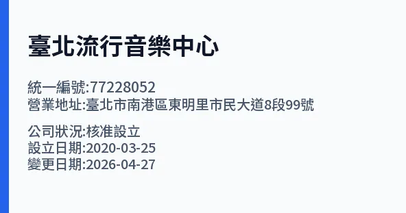 臺北流行音樂中心的照片-統編 77228052(臺北市) 公司登記資料與營業項目詳細圖表