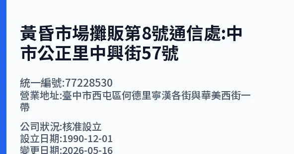 黃昏市場攤販第8號通信處:中市公正里中興街57號的照片-統編 77228530(臺中市) 公司登記資料與營業項目詳細圖表