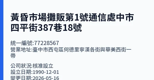 黃昏市場攤販第1號通信處中市四平街387巷18號的照片-統編 77228567(臺中市) 公司登記資料與營業項目詳細圖表