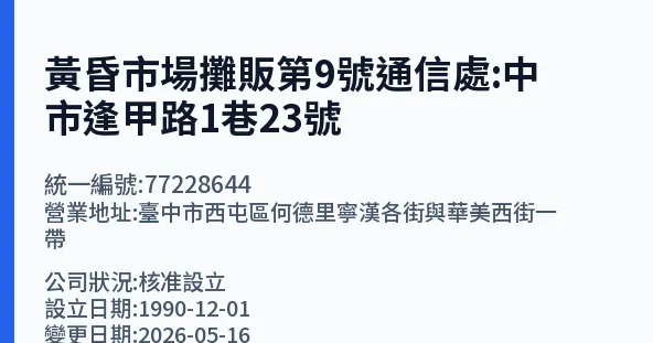 黃昏市場攤販第9號通信處:中市逢甲路1巷23號的照片-統編 77228644(臺中市) 公司登記資料與營業項目詳細圖表