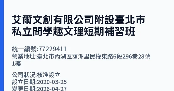 艾爾文創有限公司附設臺北市私立問學趣文理短期補習班的照片-統編 77229411(臺北市) 公司登記資料與營業項目詳細圖表