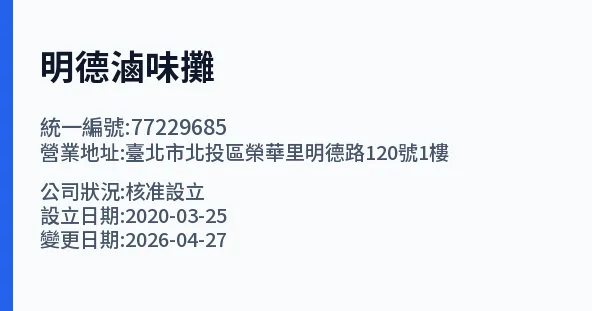 明德滷味攤的照片-統編 77229685(臺北市) 公司登記資料與營業項目詳細圖表